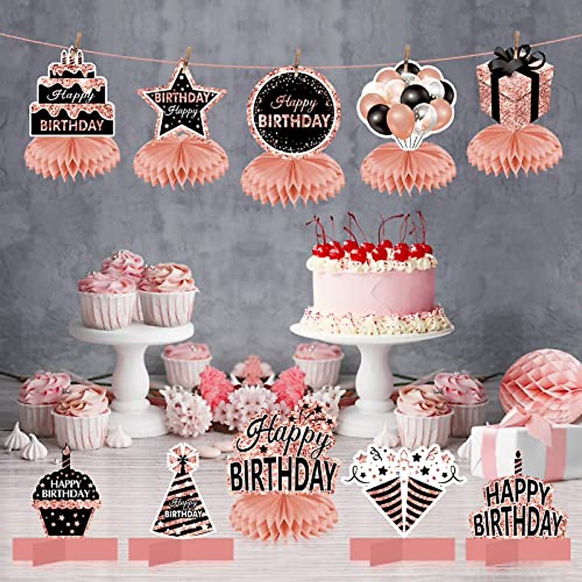 10Pcs Rose Gold Birthday Decorations Honeycomb Centerpieces for Girls Women, Rose Gold Black Happy Birthday Table Centerpieces Party Supplies,16th 18th 21st 30th 40th 50th 60th Bday Table Topper Decor