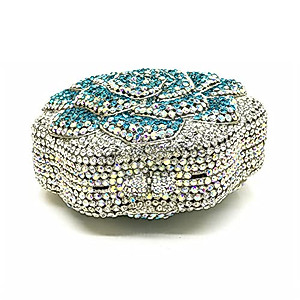 Tngan Women Elegant Rose Flower Evening Clutch Sparkling Crystal Rhinestones Purse Banquet Prom Wedding Handbag, Silver Teal