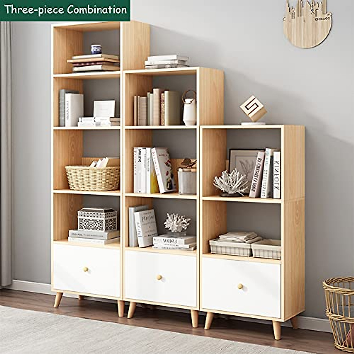 IOTXY 3-Tier Open Shelves Bookcase - 47 Inches Height Modern Floor Standing Cubes Wooden Low Bookshelf with Storage Drawer and Legs, Oak