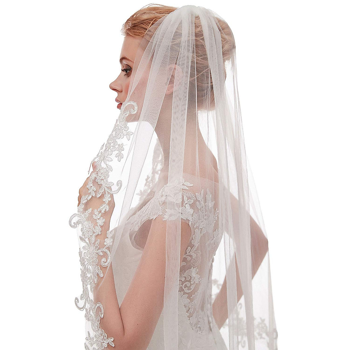 EllieHouse Womens Short Fingertip Length 1 Tier Lace Ivory Wedding Bridal Veil with Metal Comb L69IV