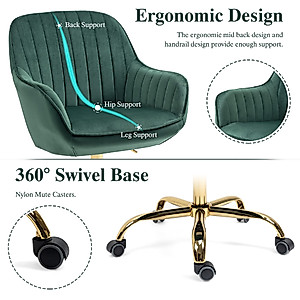 NORDICANA 360° Home Office Chair Ergonomic Task Chair, Swivel Desk Chair, Upholstered Velvet Computer Chair, Gold Metal Base, Dark Green