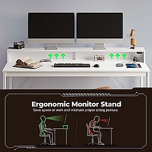 Rolanstar Computer Desk 55" with LED Lights & Power Outlets, Home Office Desk with Monitor Shelf, Gaming Desk, Writing Desk, Study Desk for Student & Kids, White
