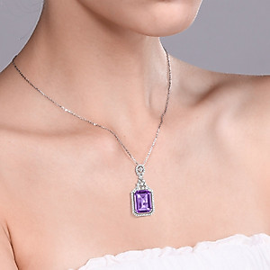 Gem Stone King 925 Sterling Silver Purple Amethyst Pendant Necklace For Women (6.85 Cttw, Gemstone Birthstone, Emerald Cut 14X10MM, with 18 Inch Silver Chain)