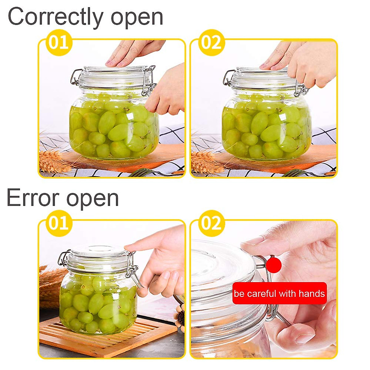 Kingrol 4 Pack 34 Ounces Glass Jars, Wide Mouth Storage Canister Jars with Bail and Trigger Clamp Lids for Pickling, Preserving, Canning, Dry Food Storage