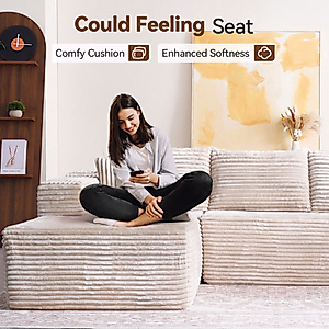CAODOC 104" Cloud Sectional Couch with Comfy Chaise, Boneless L Shape Sofa with Deep Seat, Minimalist Modular Couches Sleeper for Living Room Bedroom Apartment Lounge,Beige