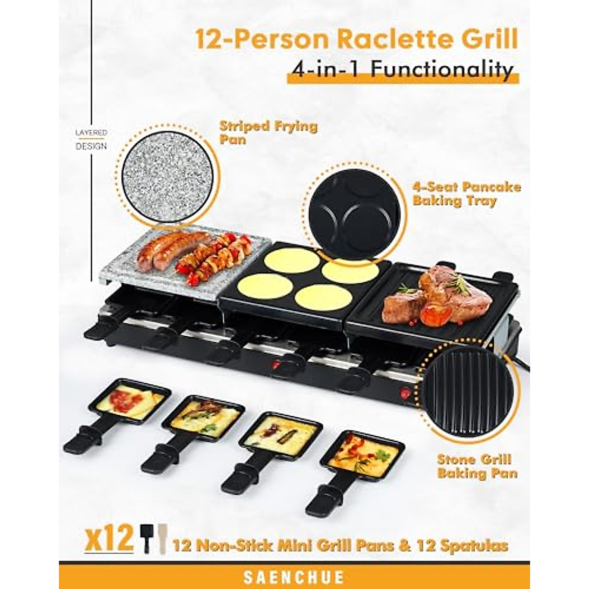 Saenchue Raclette Table Grill - Indoor Electric Grill Griddle - Nonstick Extra Large Reversible 4-In-1 Outdoor Dishwasher Safe with Cheese 12 Paddles 12 Spatulas for 12 Person, FD-12