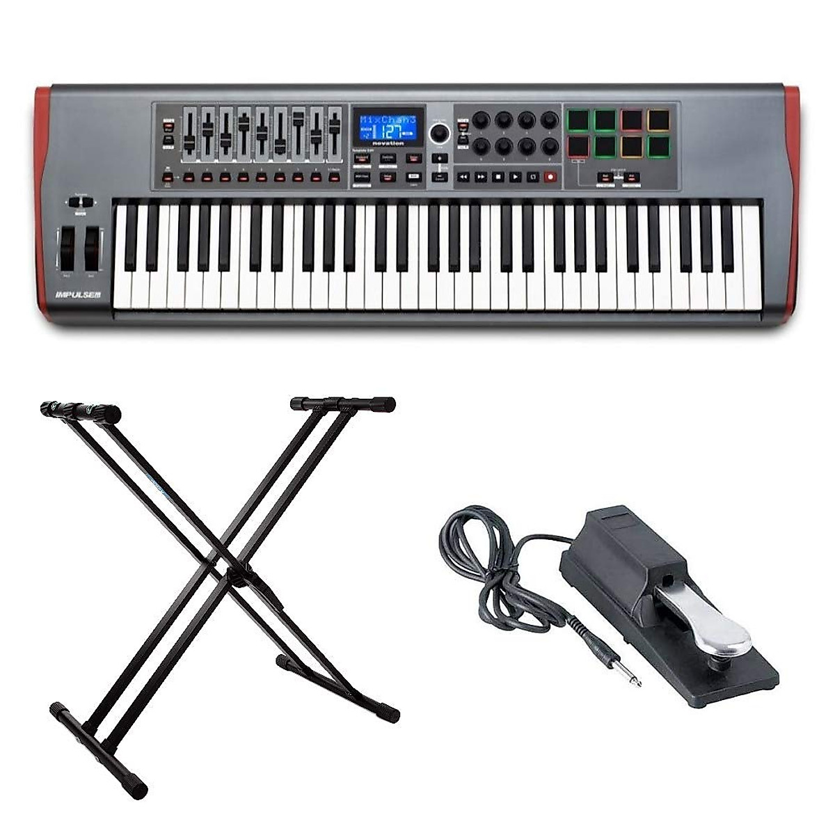 Novation AMS-IMPULSE-61 Impulse 61 Keyboard Bundle with Sustain Pedal and Adjustable Keyboard Stand (3 Items)
