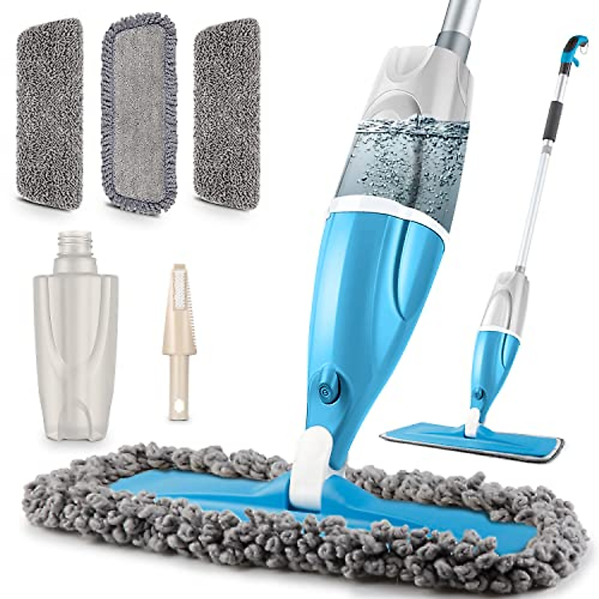 Microfiber Spray Floor Mops for Floors Cleaning, POPTEN 360 Degree Cleaning Kitchen Mop with 640ML Refillable Bottle,3 Washable Mop Pads and 1 Scraper Dust Mop Wet Mop for Laminate,Hardwood,Ceramic