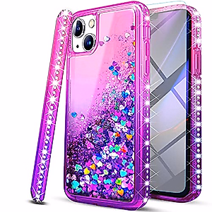 iPhone 13 Mini Case, [with Tempered Glass Screen Protector Included], STARSHOP Liquid Bling Sparkle Floating Glitter Quicksand Phone Case Girls Women Cute for iPhone 13 Mini - Pink/Purple