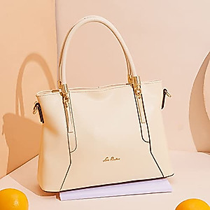 LAORENTOU Cow Leather Handbags for Women Top-handle Bags Purse Ladies Leather Satchel Shoulder Bags (Beige)