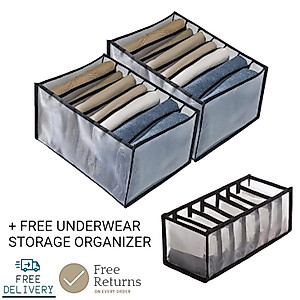 [2 PCS + 1 Free] Wardrobe Clothes Organizer for Folded Clothes - 7 Grid Wardrobe Clothes Organizer for Jeans, Underwear, T-Shirts, Leggings - Wardrobe Closet Organizer - Mesh Nylon(Black)