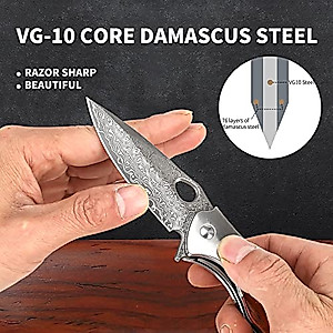 STANBIK Damascus Pocket Knife with Sheath,3.1 inch Damascus Steel Folding Knife，Sandalwood Handle,EDC Pocket Knives for Hiking Camping.