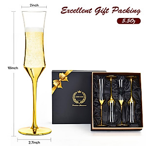 Chouggo Golden Colored Champagne Flutes Set of 4 with Premium Gift Box - Unique Golden Stem and Bottom Design - Act Deco Long Stem Hand Blown Crystal Champagne Glass - 5.5Oz