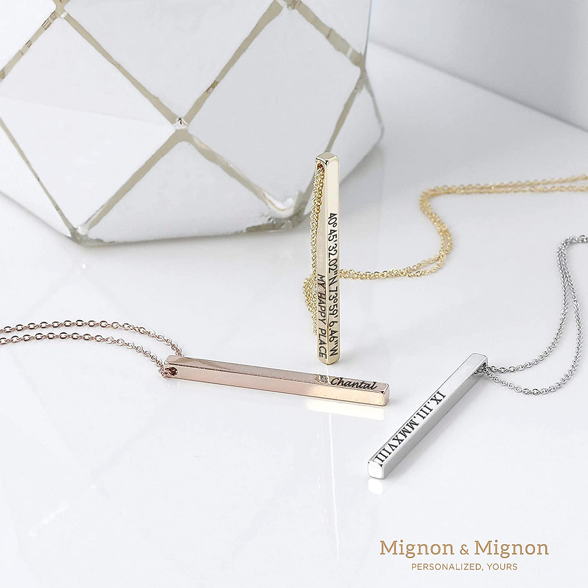 MignonandMignon Personalized Vertical Bar Necklace Coordinate Jewelry Mothers Day Gifts for Her Roman Numeral Graduation Gift Engraved 3D Necklaces for Women Initial Necklace - 4SBN