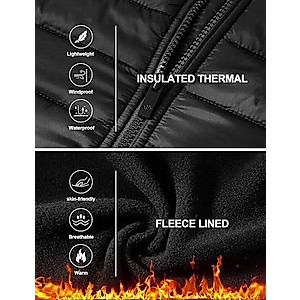 MoFiz Mens Insulated Hiking Jacket Coat Thermal Hybrid Running Jacket Lightweight Puffy Winter Hooded Golf Jackets Long Sleeve Windbreak Sportswear Black Small