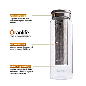 Oranlife Cold Brew Coffee Maker, Portable Iced Coffee and Tea Infuser with Airtight Lid, Reusable Stainless Steel Mesh Filter for Iced Tea/Coffee, 3cup, 26oz