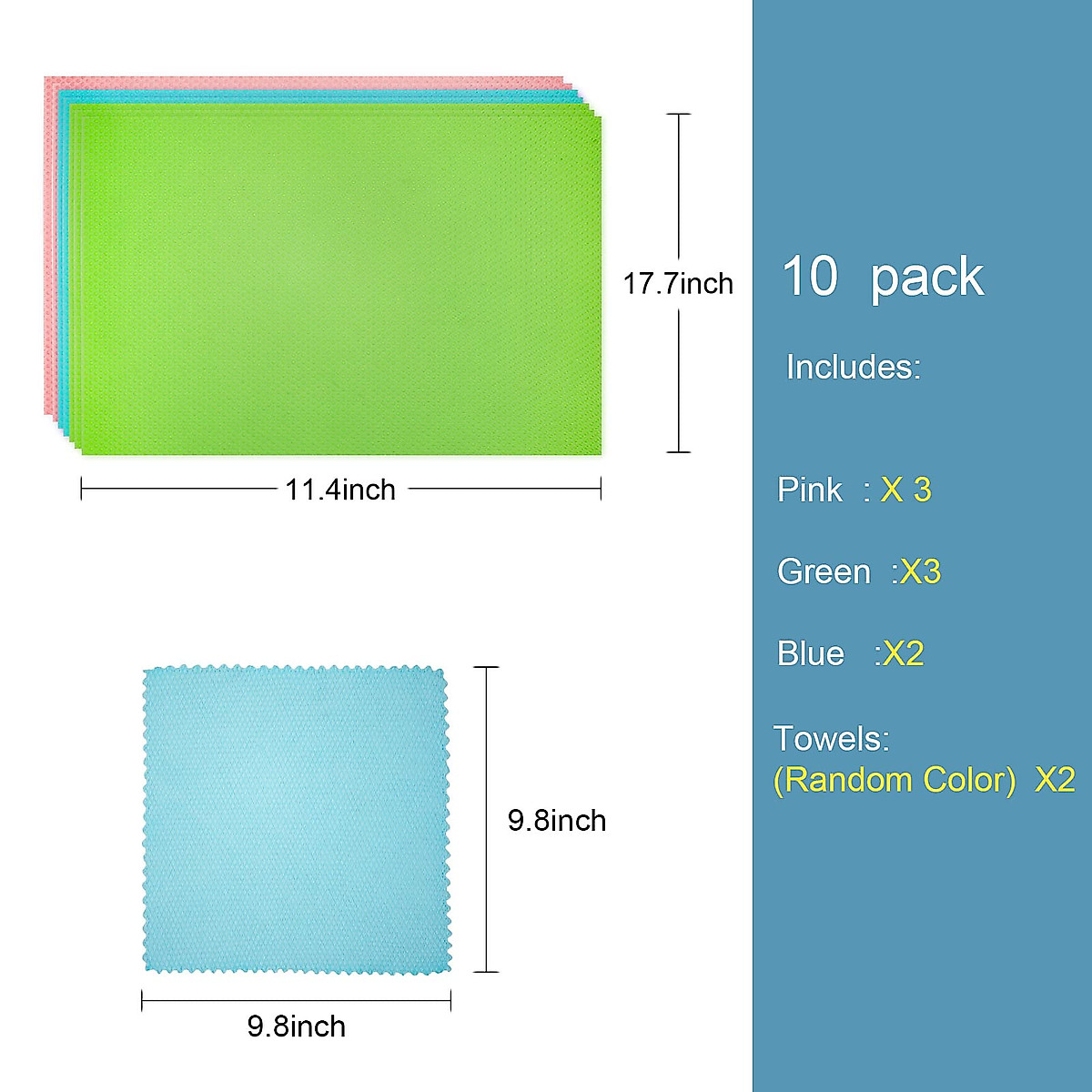 Refrigerator Liners Fridge Mats Pads 8 Pack Washable Waterproof Drawer Table Shelf Liner Mat with 2 Cleaning Cloths（3 Green + 3 Pink + 2 Blue）