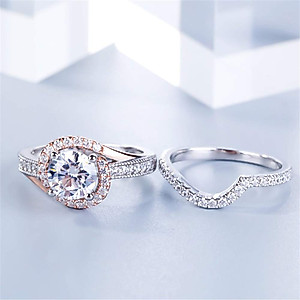 Jeulia Split Shank Halo Diamond Engagement Ring Sterling Silver CZ Wedding Set Round Cut Solitaire Bridal Set Promise Anniversary Rings with Jewelry Box (9.5)