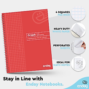 Graph Paper Notebook Quad Ruled Spiral Grid Notebook PACK Of 4 White Paper 100 Sheets Assorted Colors Wire Bound Graphing Books - by Emraw