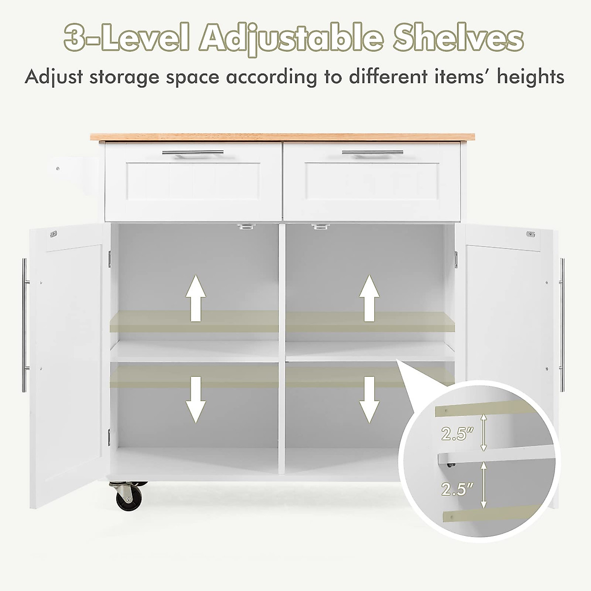 COSTWAY Kitchen Island Cart on Wheels, with Side Towel Bar, 2 Drawers, 2 Door Cabinet, Rolling Storage Trolley Cart with Rubber Wood Top & Lockable Casters (White)