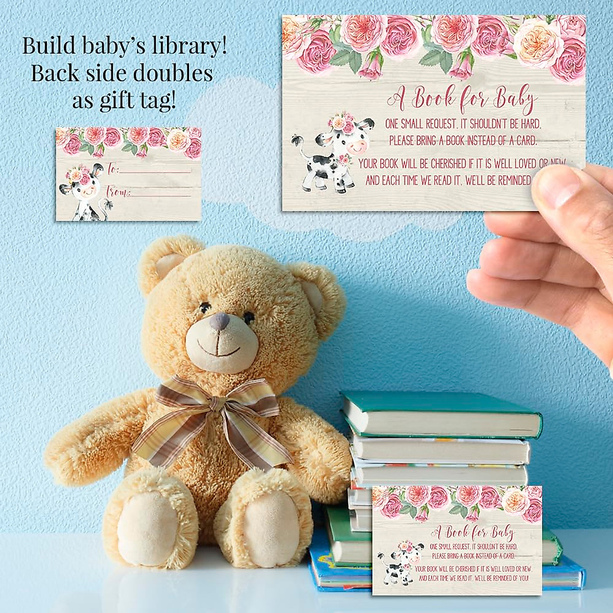 Amanda Creation Watercolor Pink Floral Cow “Bring a Book” Cards for Baby Showers, 20 2.5 by 4 Inch Double Sided Insert Cards, Invite Guests to Bring a Book for the Baby