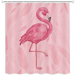 Pink Shower Curtain, Cute Flamingo Shower Curtains, Modern Art Boho Bath Curtains, Pink Bathroom Accessories Set 71x71 Inches