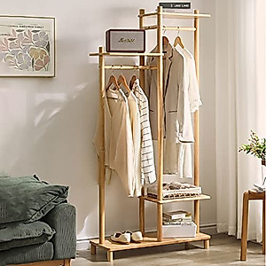 Free Standing Garment Rack with top Shelf and Shoe Clothing Storage Organizer Shelves Wardrobe Closet Organizer 100% natura rubber wood Garment Coat Hanging Heavy Duty Rack for Entryway Bed Room