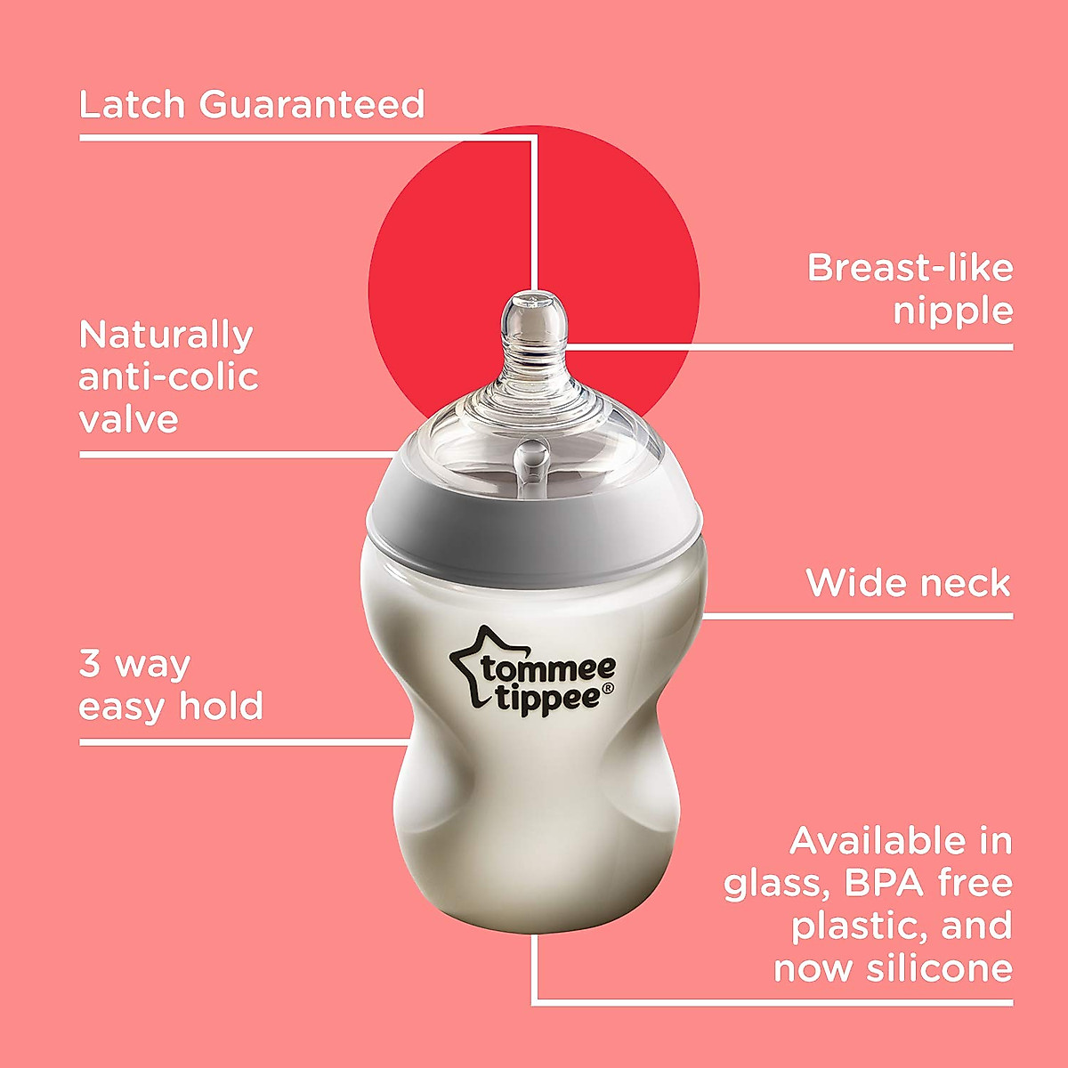 Tommee Tippee Closer to Nature Baby Bottles, Slow Flow Breast-Like Nipple with Anti-Colic Valve, 9oz, 6 Count, Clear