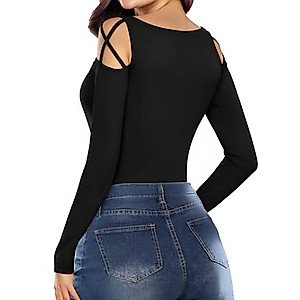 HERLOLLYCHIPS Long Sleeve Shirts for Women Deep V Neck Cold Shoulder Criss Cross Sexy Fitted Tops(Long Sleeve Black, X-Large)