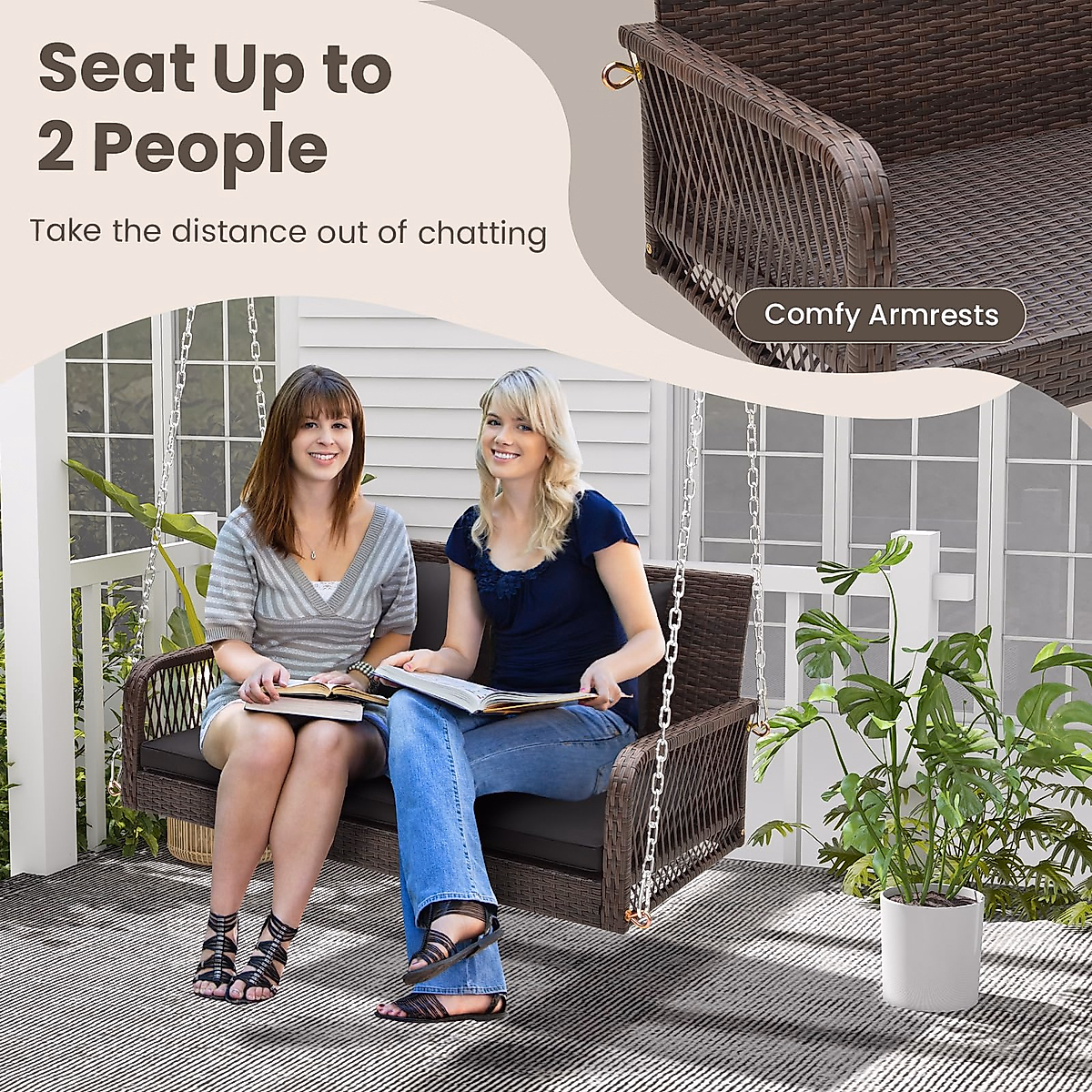 Tangkula Wicker Outdoor Porch Swing, 800 LBS Capacity Outdoor Swing Bench with Hanging Chains, Back and Seat Cushions, 2-Seater Hanging Patio Bench for Deck, Garden, Yard (Black)