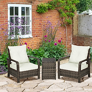 Outsunny 3 Piece Patio Furniture Set, PE Rattan Wicker Storage Table and Chairs w/Tufted Cushions for Outdoor Garden, Backyard, Poolside, Balcony, Beige