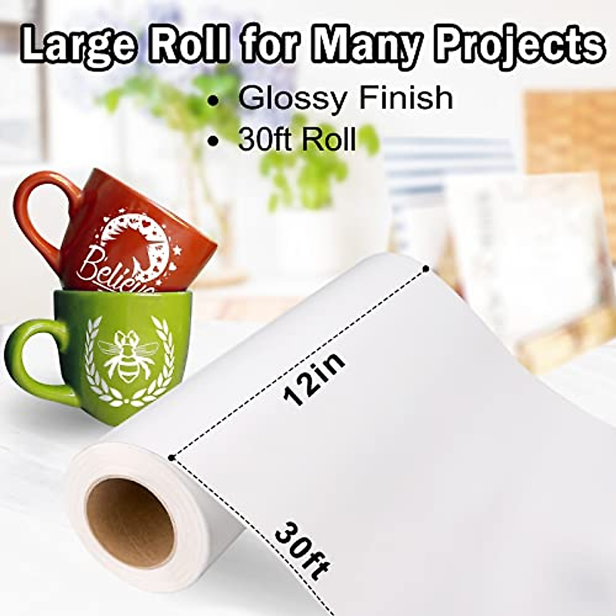 WRAPXPERT White Vinyl Permanent Adhesive Vinyl Roll Easy to Cut and Weed Waterproof Vinyl for Signs,Scrapbooking,Craft,Die Cutters(Glossy White,12" x30ft)