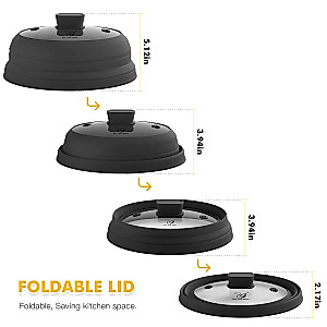 Microwave Splatter Cover Glass Cover Splatter Guard Lid Collapsible Silicone Cover Black Vented Tempered Glass Universal Lid for Pot Pan Skillet Heat Resistant Silicone Rim Lid Black