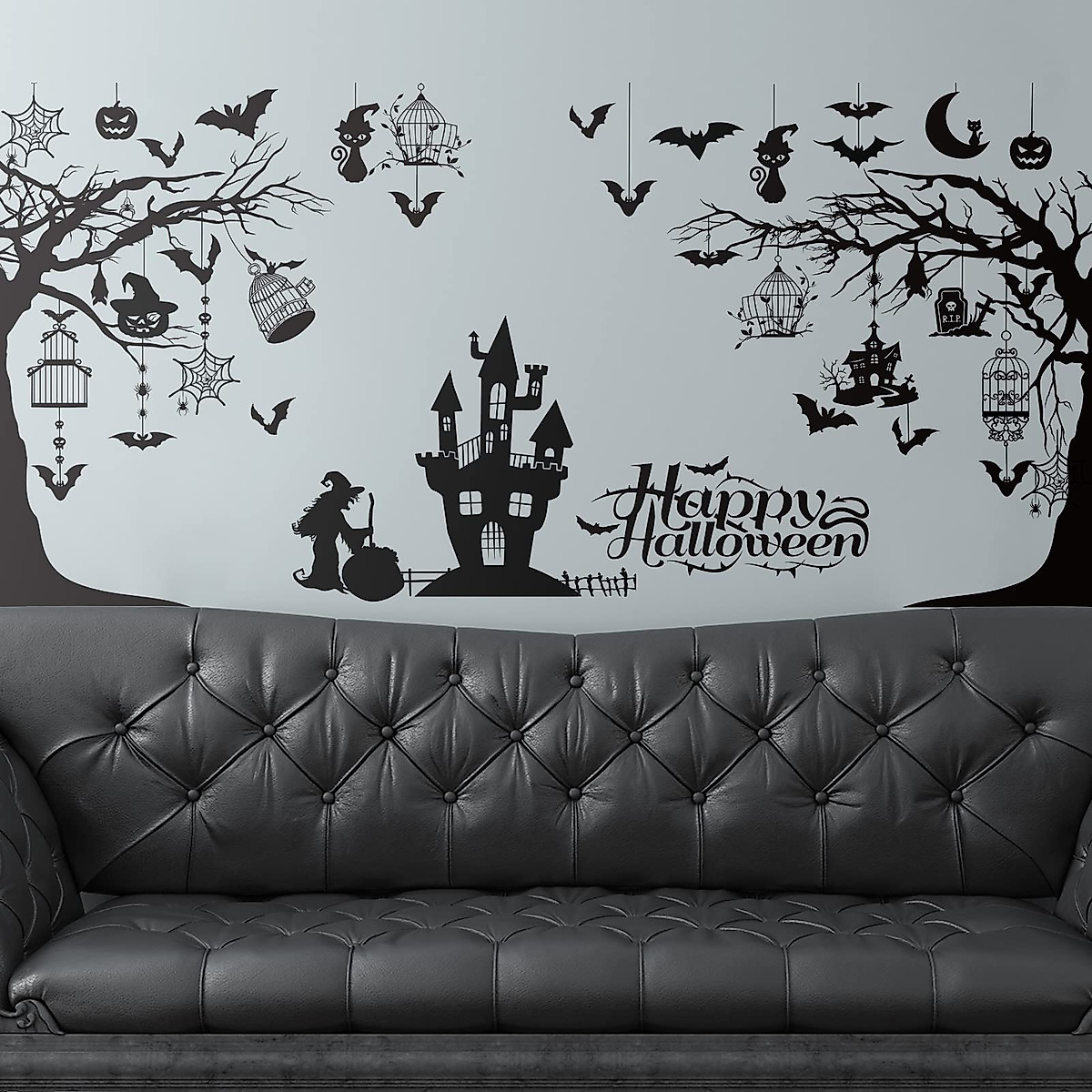 3 Sheets Halloween Wall Decals Tall Halloween Home Wall Decal Bats Ancient Castle Halloween Home Decor Removable DIY Wall Art for Halloween Party Supplies(Stylish Style)