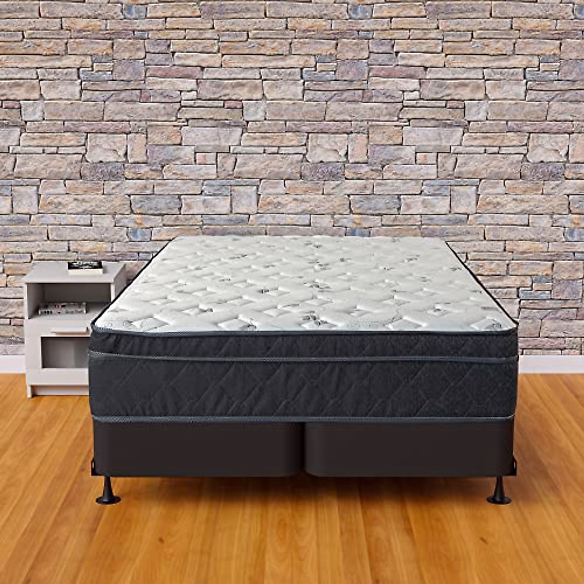 Greaton 12" Full Breathable Medium Firm Support Hybrid Mattress in a Box with Pressure Relieving Quilted Eurotop for Cloud Like Comfort with 8" Box Spring, Black