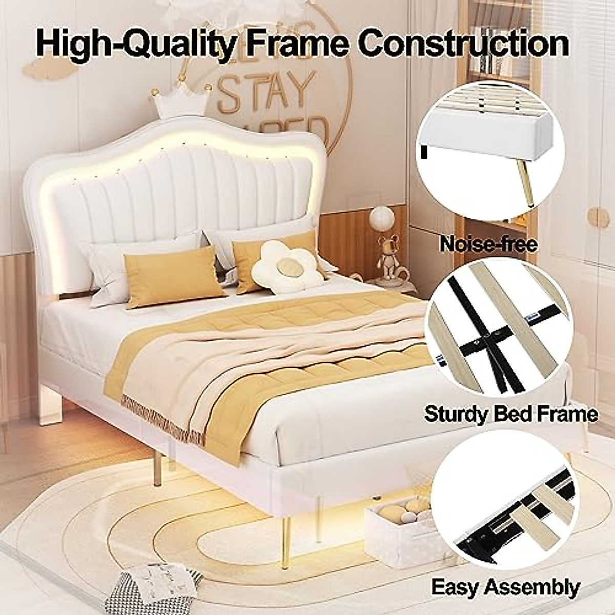 Lucakuins Led Full Size Upholstered Bed Frame with LED Lights,Modern Upholstered Princess Bed with Crown Headboard,Whit