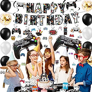 Gamer Birthday Party Decoration - 275Pcs Black White Video Game Gaming Party Supplies For Boys Birthday Party - Table Cover, Plates, Cups, Napkins, Utensils, Hanging Swirls, Birthday Banner, Cupcake Topper, Cake Topper, Stickers, Bracelets & Balloons Serv
