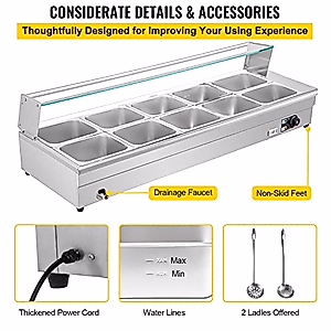 Commercial Food Warmer Bain Marie with Glass Shield - 10 Pan x 1/2 GN, 6-Inch Deep, 1500W Electric Countertop Food Warmer