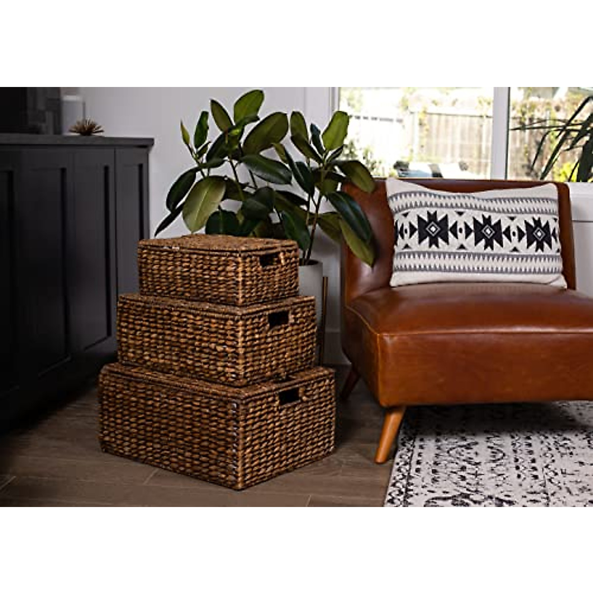 BIRDROCK HOME Seagrass Floor Baskets with Lids - Set of 3 - Brown Wash - Hand Woven Container for Blankets Pillows - Sturdy Metal Frame - Organization - Storage