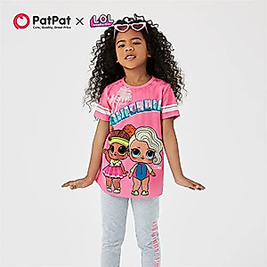 L.O.L. Surprise! 2pcs Kid Girl Clothes Letter Print Striped Short Sleeve Pink Tee Top and Pants Set Dark Pink 5-6 Years