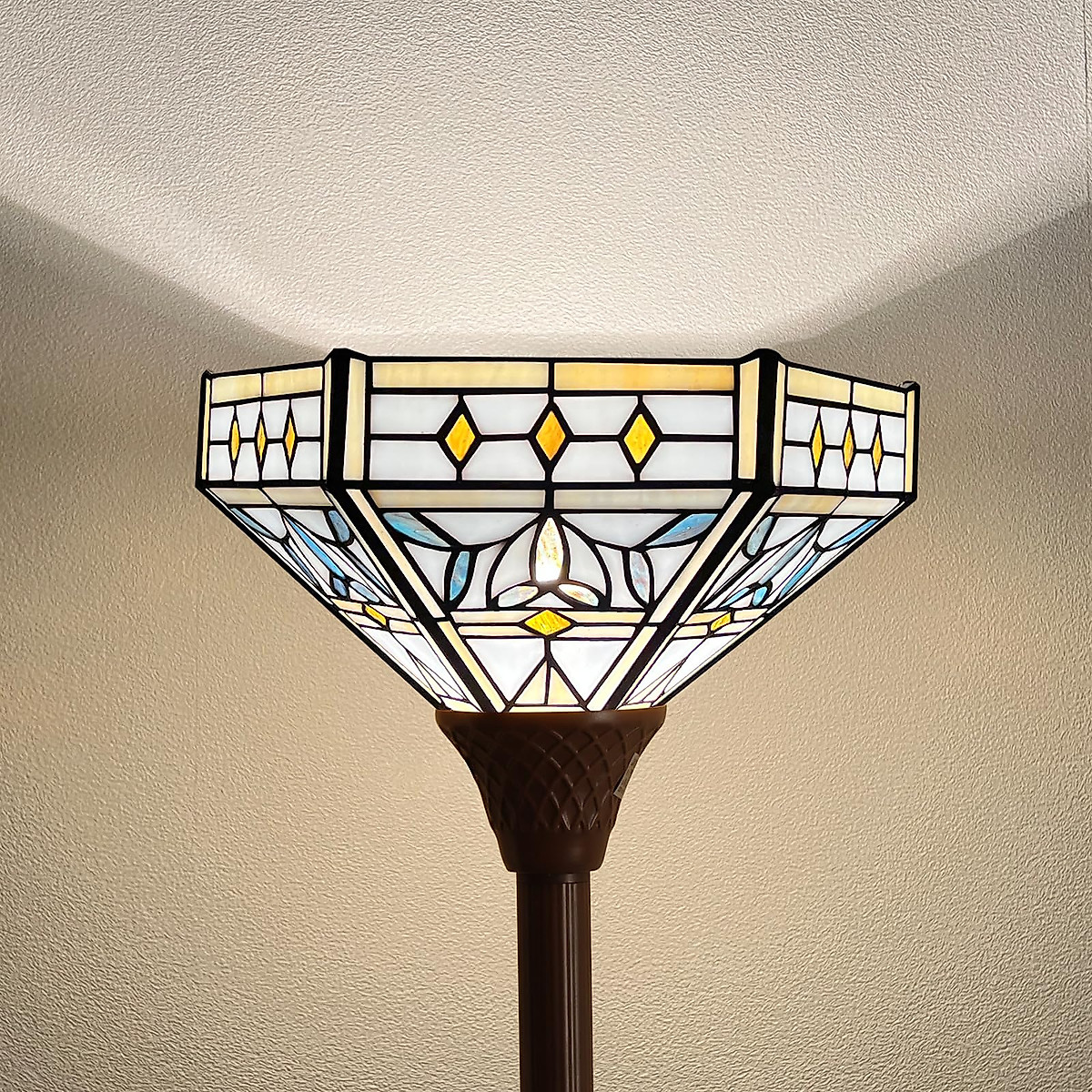 Capulina Tiffany Torchiere Floor Lamp 70 Inches Tall Industrial Dark Bronze Pole Mission Hexagon Virgin Style Stained Glass Torch Standing Light Decor for Living Room Bedroom Home Office