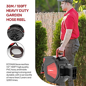 ECOMAX ELG09 1/2in. x 100ft Retractable Garden Hose Reel, Heavy Duty Water Hose Reels, Any Length Lock, Slow Return System, 8 Pattern Hose Nozzle, Wall-mounted & 180° Swivel Bracket, Black & Red