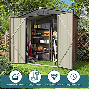 Gizoon Outdoor Storage Shed 6 x 4 FT, Galvanized Metal Garden Shed with Double Lockable Doors, Outdoor Storage Clearance for Backyard Patio Lawn-Light Brown