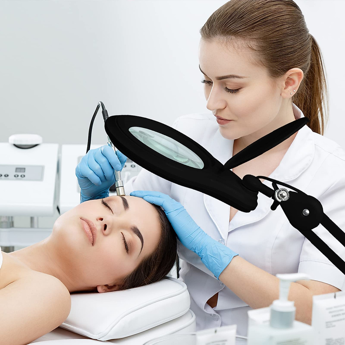 Bemelux Bifocals LED Magnifying Lamp with Clamp, 5 Diopter with 20 Diopter, 5 Inch Magnifier Glass Lens, 1200 Lumens Dimmable Magnifier Lamp for Desk Craft Hobby with 60PCS Bright LEDs