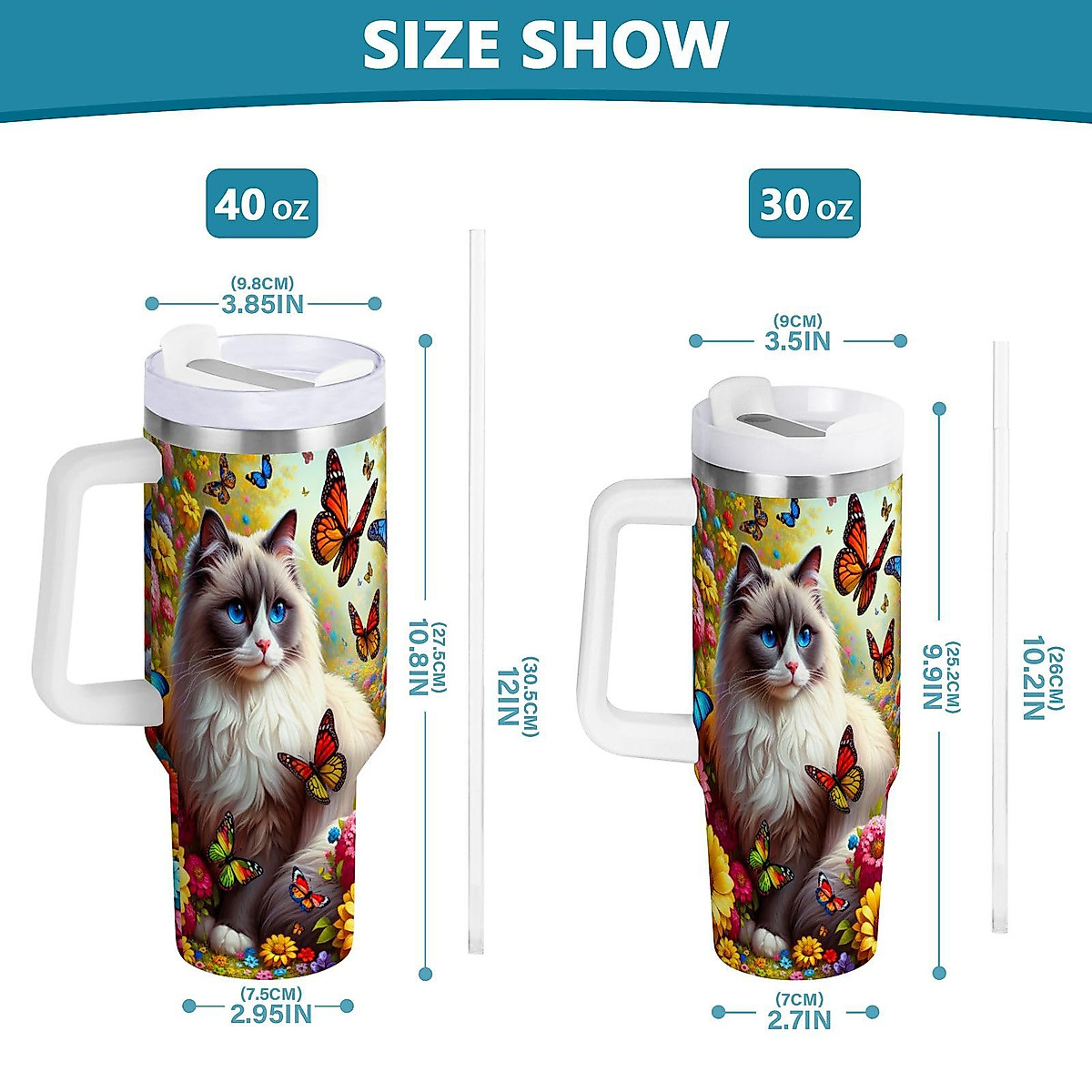 ODAWA Butterfly Cat Insulated Tumbler 30 Oz Coffee Travel Mug with Handle and Straw Lid