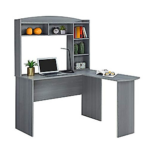 Techni Mobili Modern Hutch L-Shaped Computer Desk, Grey