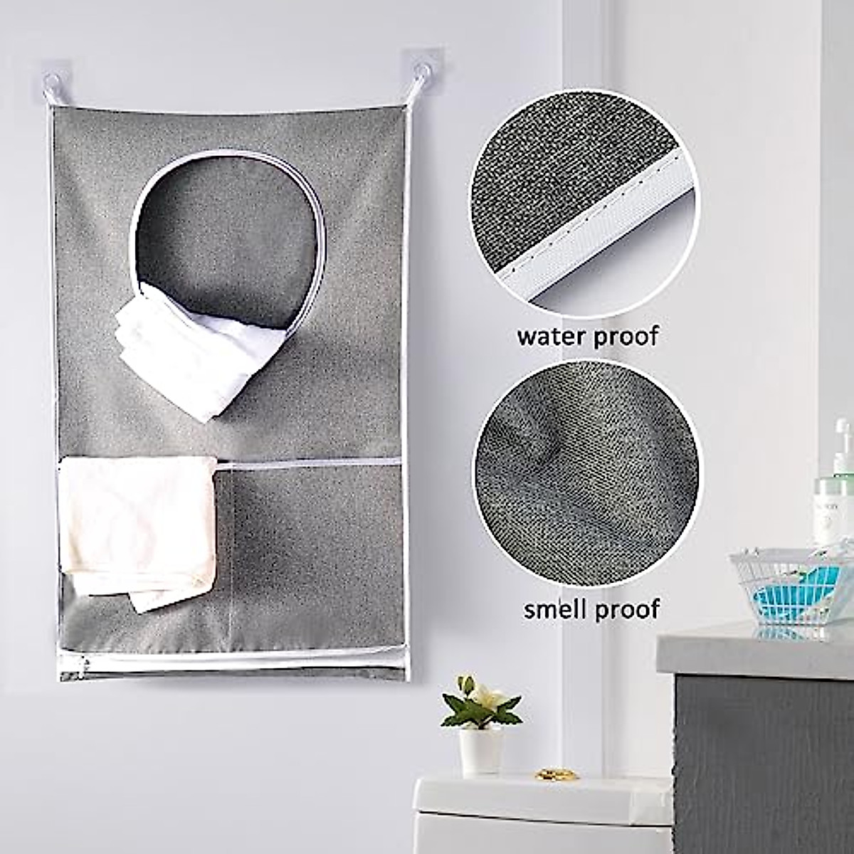 Extra Large Hanging Laundry Hamper,Oxford Fabric Washable Hanging Laundry Bag with 2 Over the Door Hooks 2 Suction Cup Hooks,Over the Door Laundry Hamper with Unique Zipper Design (XXL-GREY-1PC-R)