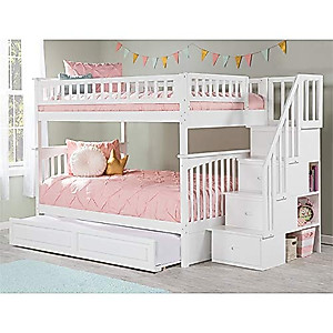 Atlantic Furniture AB55832 Columbia Staircase Bunk Bed with Raised Panel Trundle Bed, Full/Full, White