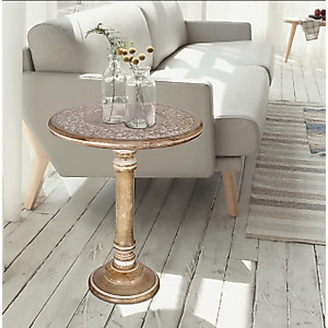Wooden Pillar Round End Table, Modern Round Wooden Coffee Table, Living Room Rustic Side End Table for Magazines, Books, Plants & Perfect for Christmas Decoration -18x22 Inch White Wash