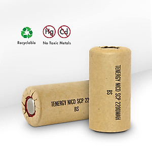 Tenergy NiCd SubC 2200mAh Paper Wrapped Rechargeable Battery Flat Top with Tabs, 15 Pack